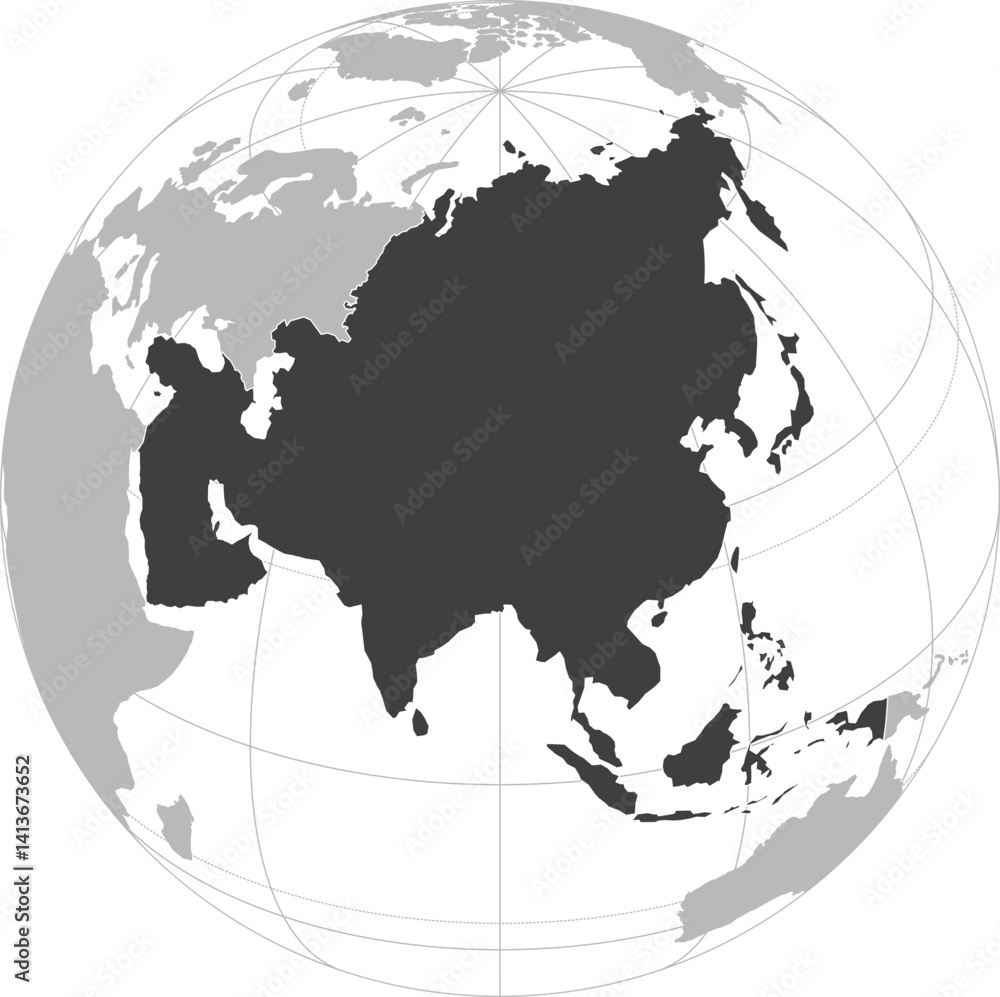 World vector map with continent boundaries and graticules (Asia ...