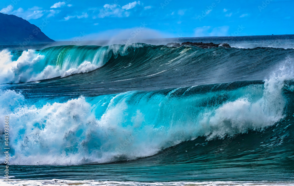 Watching large waves Waimea Bay, North Shore, Oahu, Hawaii. Bay is ...