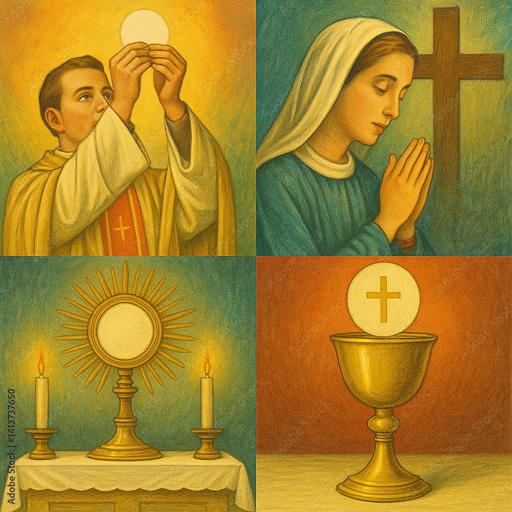 Priest holding host, praying nun, monstrance and chalice with host ...