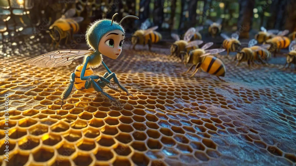 Thoughtful Animated Honeybee Maya Inside a Cozy Beehive with Siblings in Discussion Stock ...