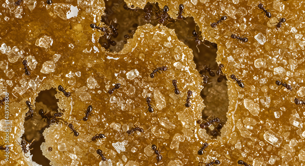 Swarm Of Ants Invading Golden Honeycomb With Sugar Crystal Inclusions ...