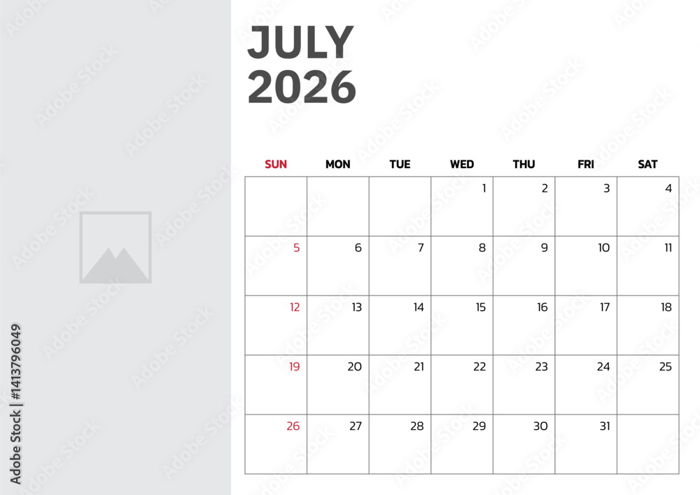 July 2026 Calendar. Week start on Sunday. Desk calendar 2026 design ...