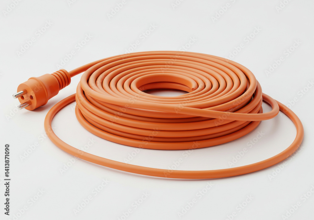 Bright orange heavy-duty extension cord coiled in circular loop on ...