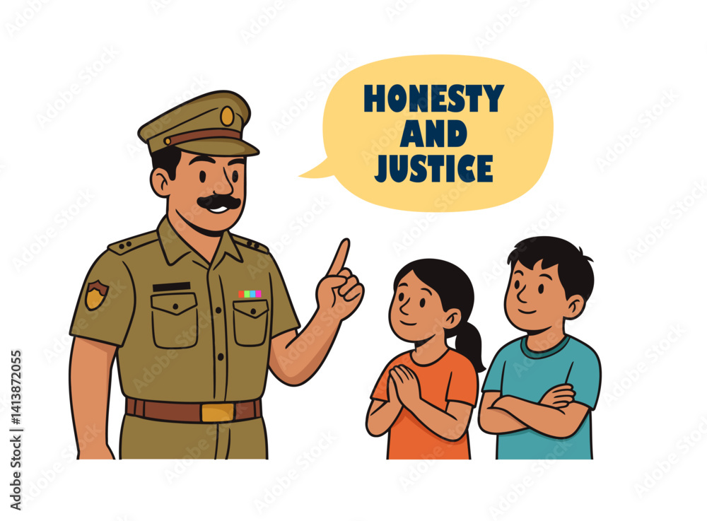 Vector illustration of an Indian police officer teaching two children ...