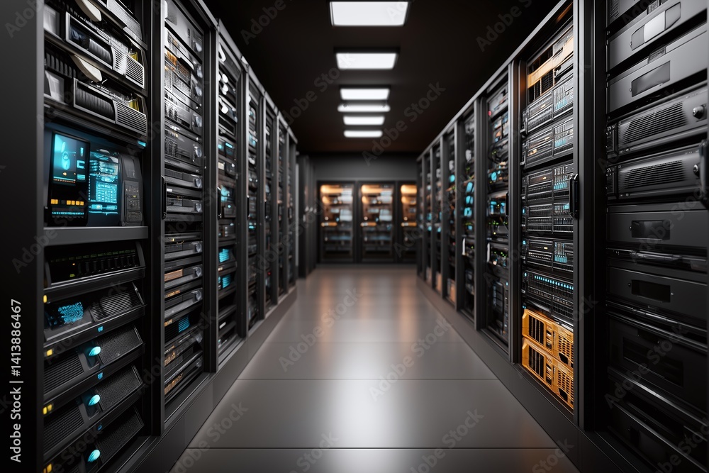 Server room with multiple racks of computer hardware, a data center ...