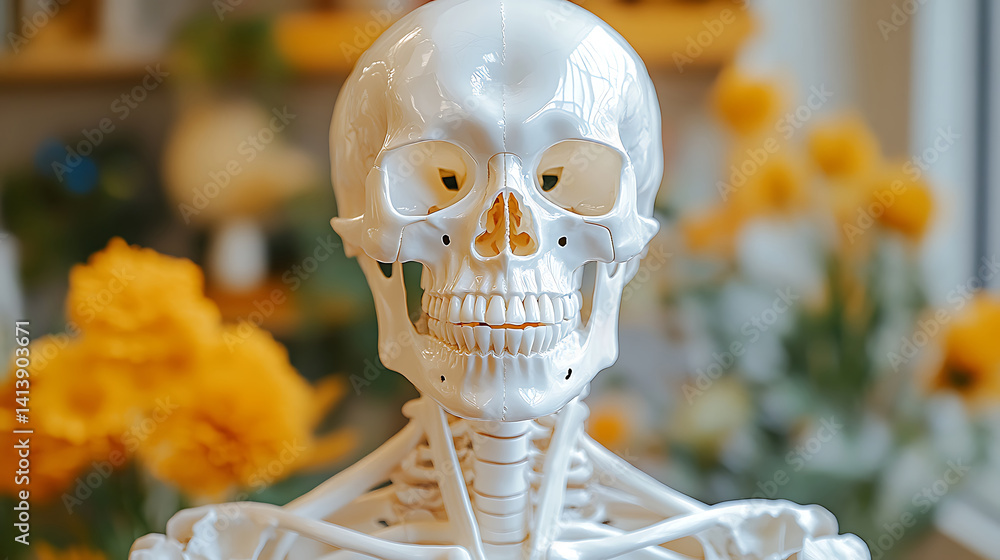 Anatomical Skeleton Model Close Up With A Floral Background For ...