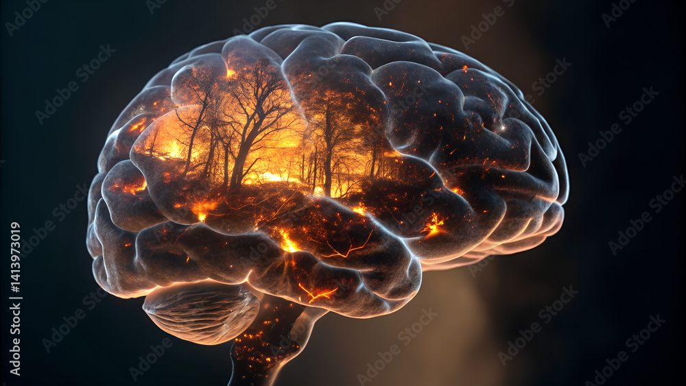 Eco-Anxiety environmental stress A surreal brain illustration featuring ...