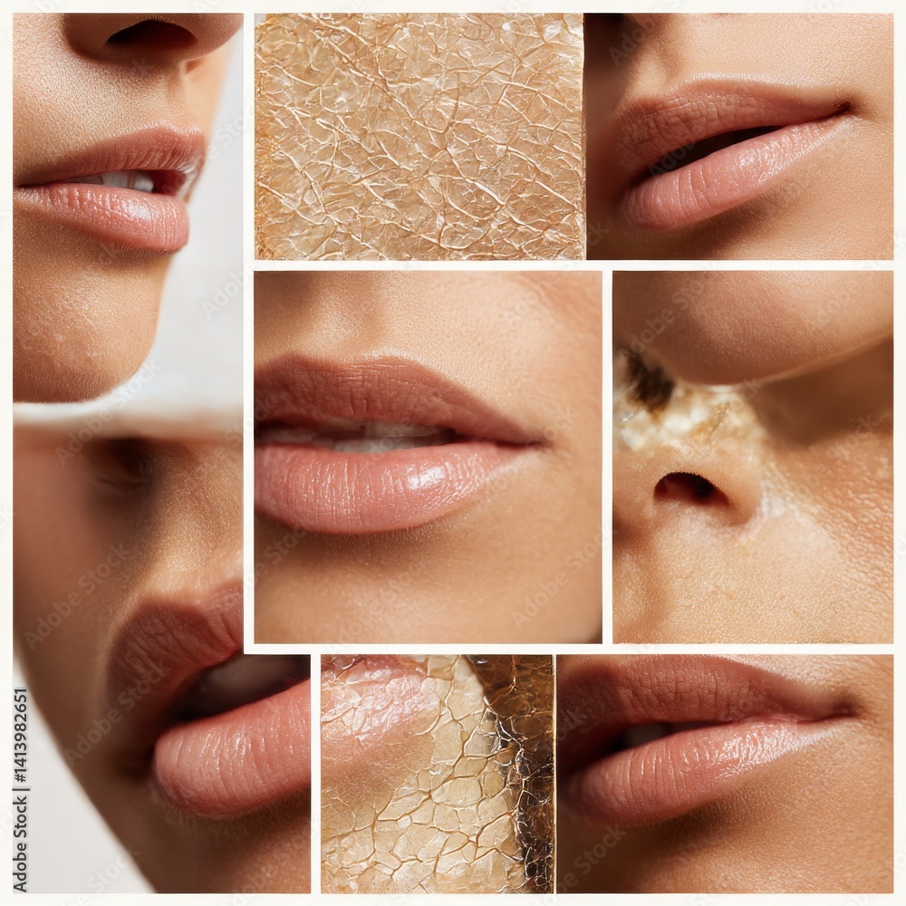 Collage with photos of woman with dry and moisturized lips, closeup ...