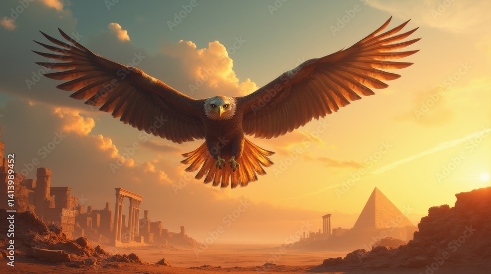 Surreal digital painting, powerful eagle with wide wings flying over ...