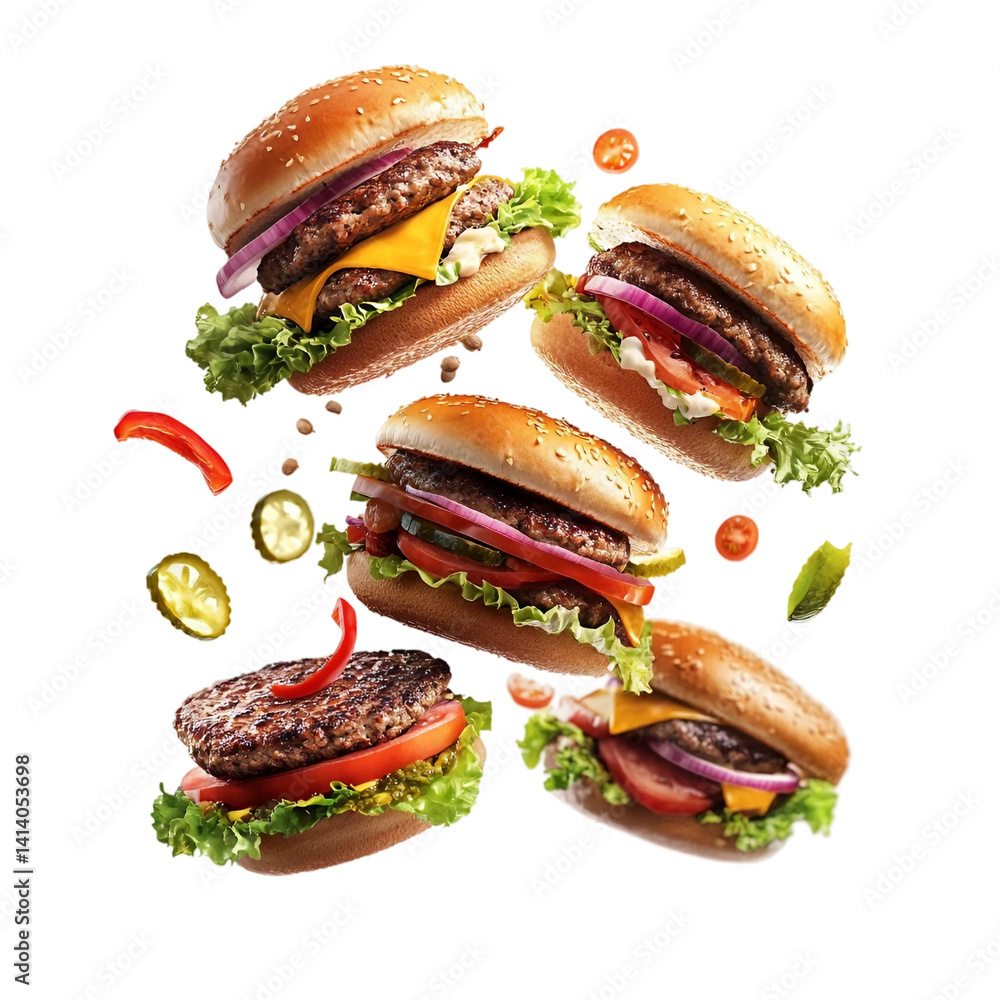 Zdjęcie bez tantiem: Grill burger, realistic 3d burgers falling in the ...