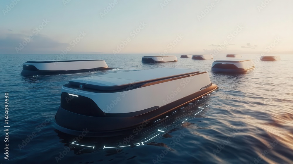 Ilustrace Floating autonomous cargo ships navigating smart ocean grids ...