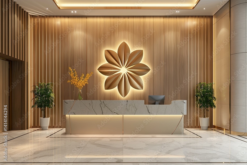 Detailed Color Image of Office Reception Area Wall Gold 3D Logo Mockup ...