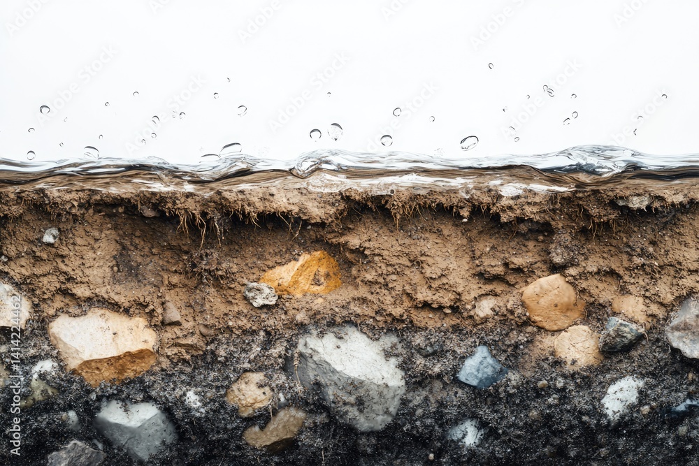 Cross-section of soil layers showing water, topsoil, subsoil, and ...
