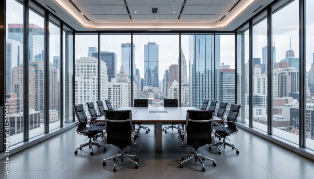 Strategic business meeting modern office conference room urban skyline ...