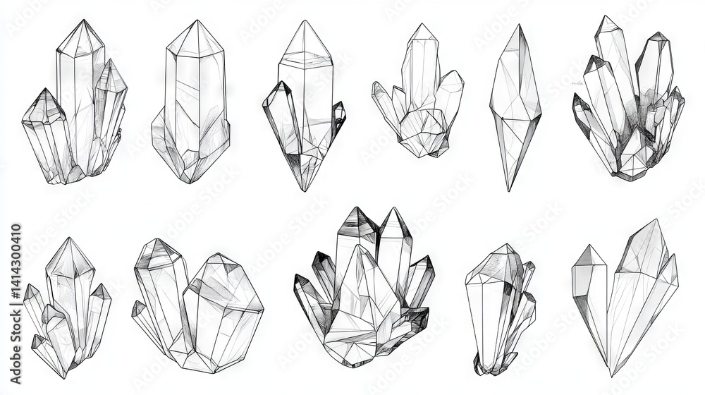 Refined technical drawing set of crystal structures, pristine geometric ...