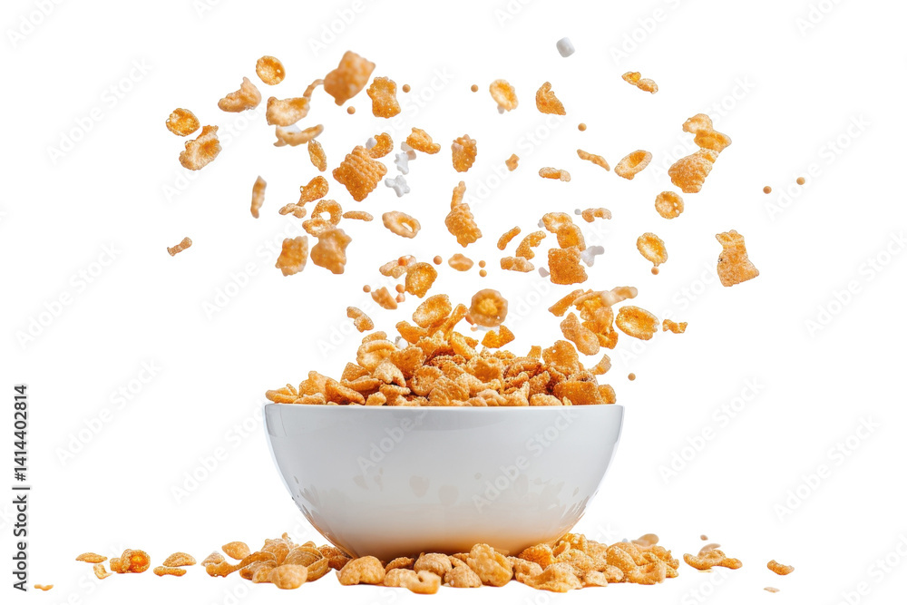 Crispy cereal flying through the air as a bowl tips over in a playful ...