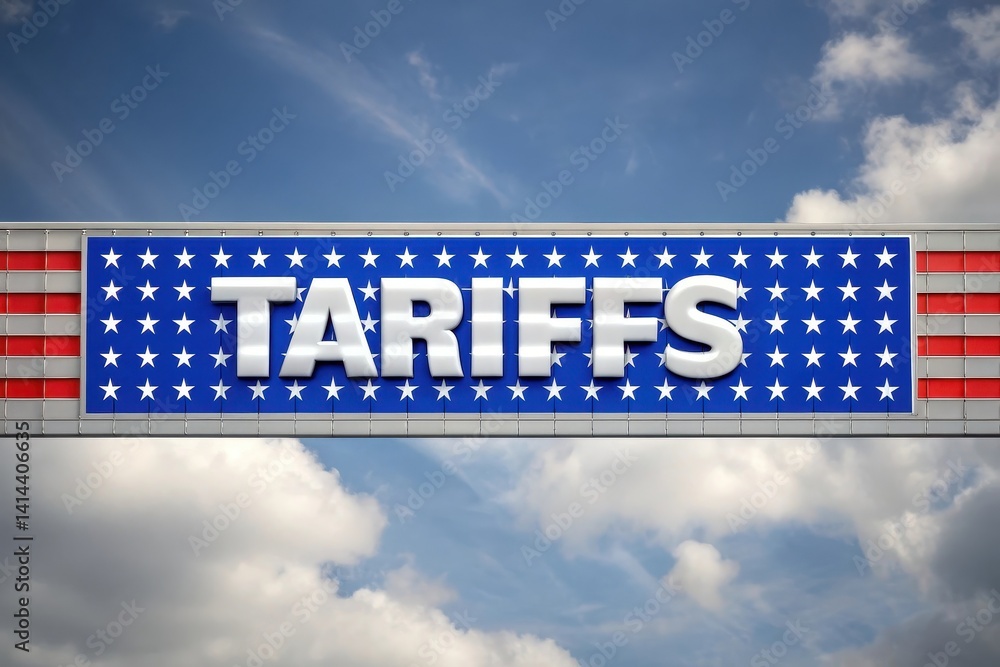 Import Tariffs trade policy. Sign displaying "TARIFFS" with a patriotic ...