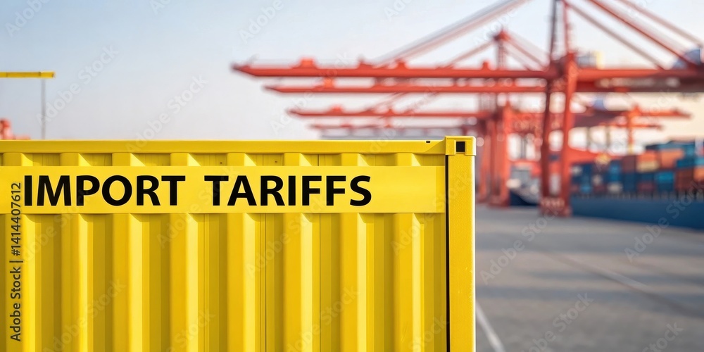 Import Tariffs trade policy. Yellow shipping container labeled "IMPORT ...