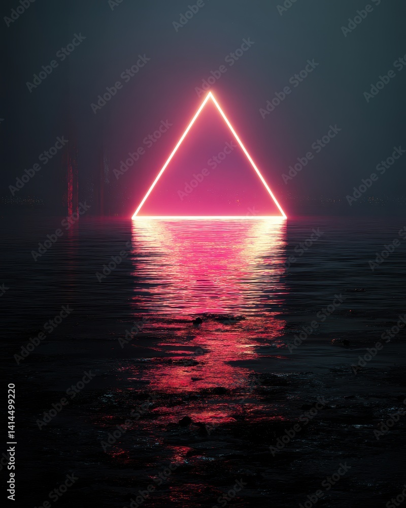 Neon triangle reflected in still water. Its eerie glow creates a ...