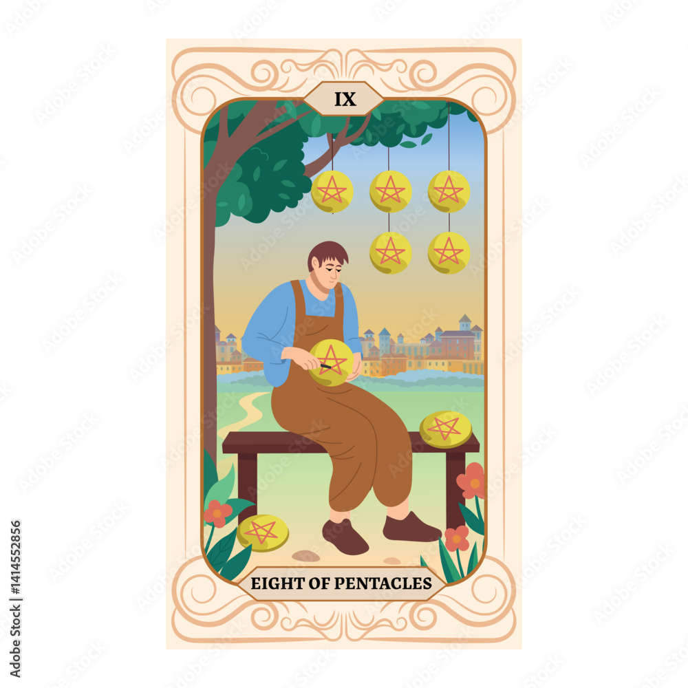 Minor Arcana. Eight of Pentacles tarot card design. Hand drawn cartoon ...