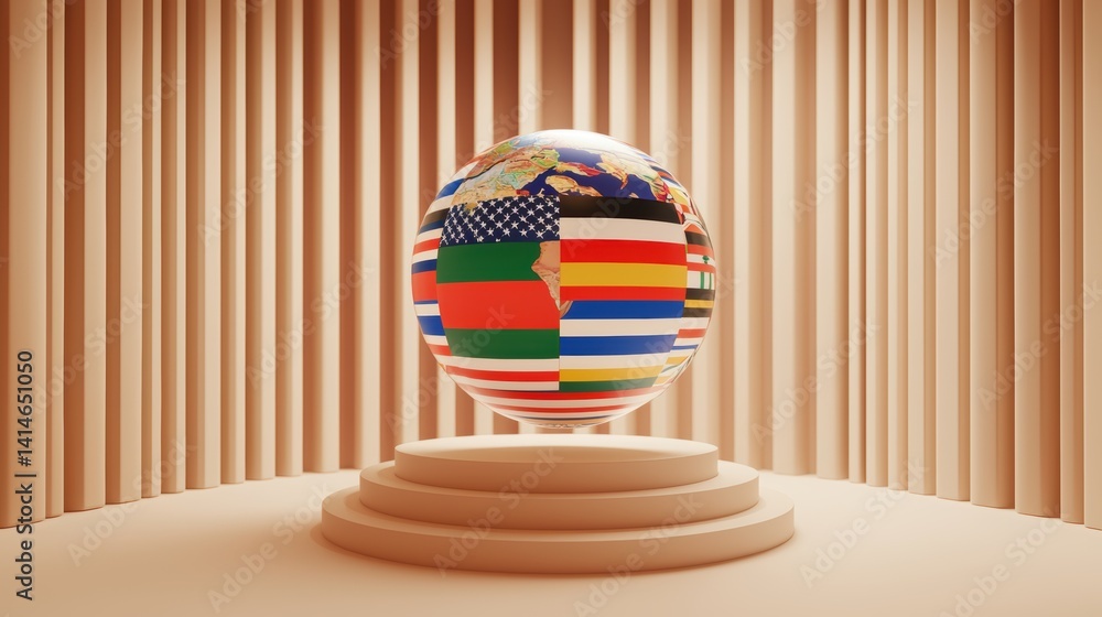 International unity visualized as giant sphere of world flags, floating ...