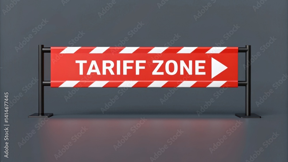 Trade war policy. Red barrier sign indicating a tariff zone with an ...