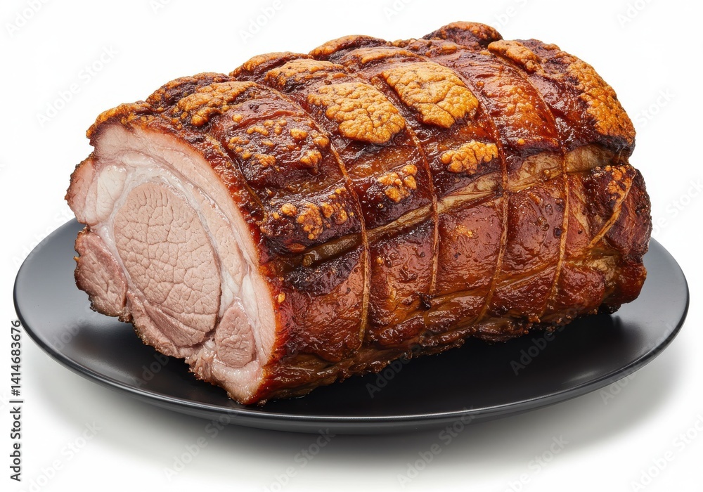 A roasted pork loin on a black plate with crispy skin and tied with ...