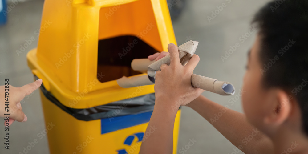 Waste Management and Family Collaboration. A child practices recycling ...