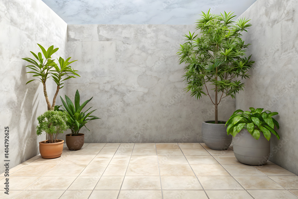 Indoor garden design ideas potted plants concrete wall tile floor home ...
