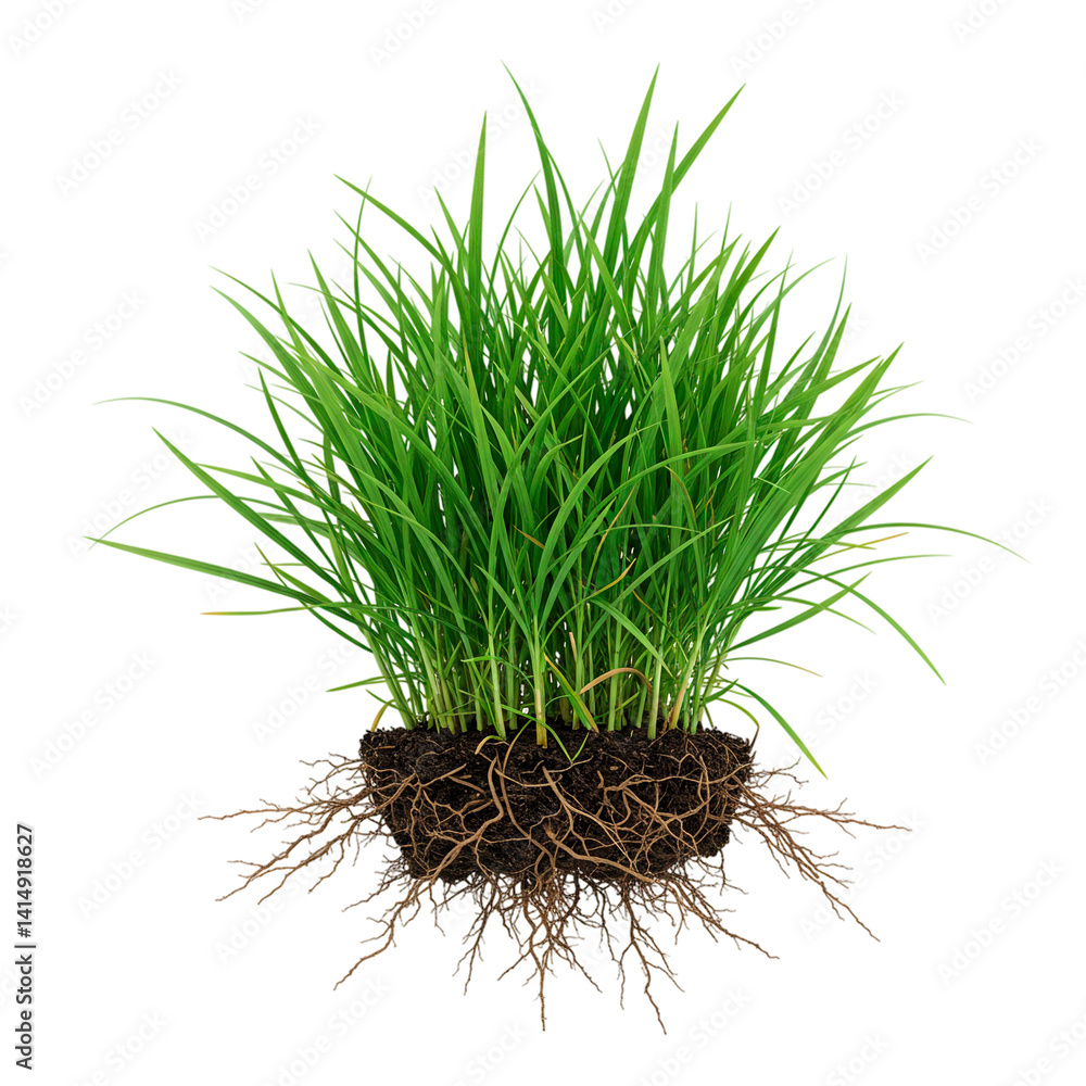 Green grass tuft with visible root system and soil clump isolated on ...