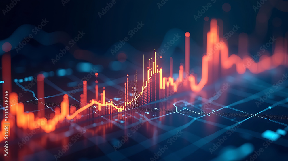 Abstract digital financial chart with dynamic bar graphs and line plots ...