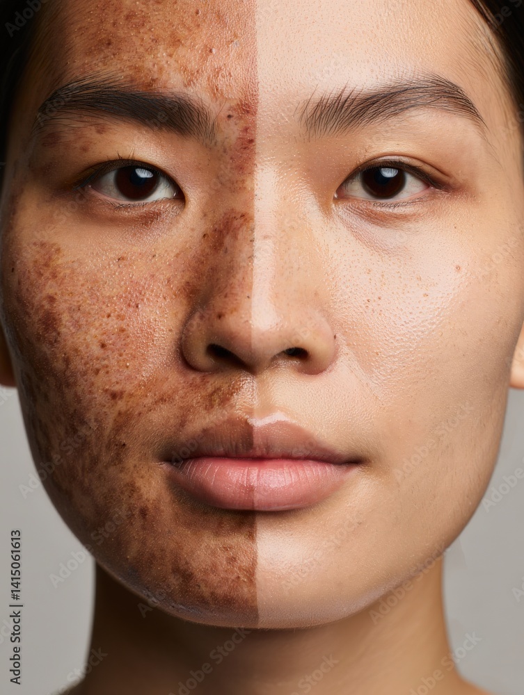 Split face of woman showing melasma spots on one side and clear glowing ...