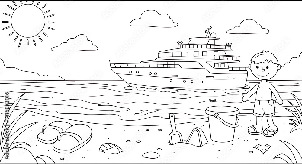 Summer vacation scene coloring page for kids – featuring flip-flops, a ...