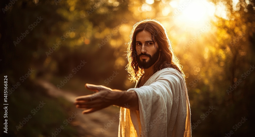 Jesus Christ reaching out on a golden-lit path, symbolizing divine ...