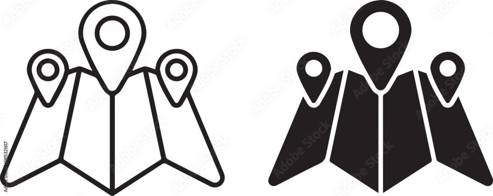 Map icons, location markers, folded paper maps, navigation symbols ...