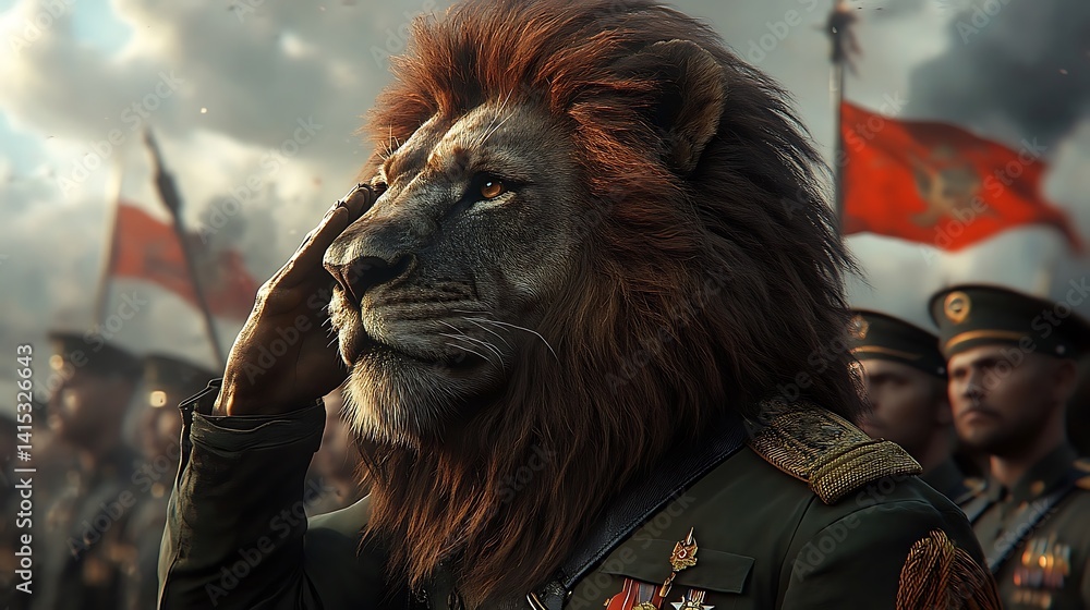Lion in military uniform saluting, dramatic sky, soldiers in background ...