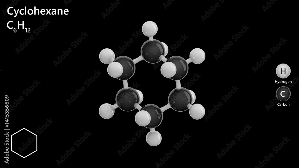 Cyclohexane molecule. Solvent. Molecular structure. Formula: C6H12. Chemical model: Ball and ...