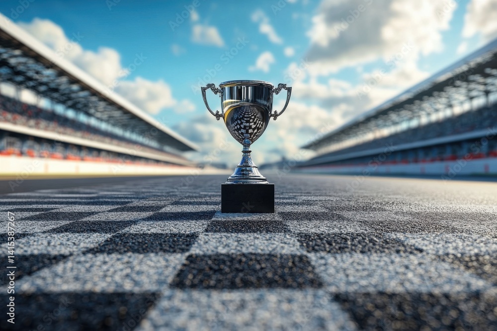 Shiny Silver Trophy on Race Track Finish Line Winning Success Award ...