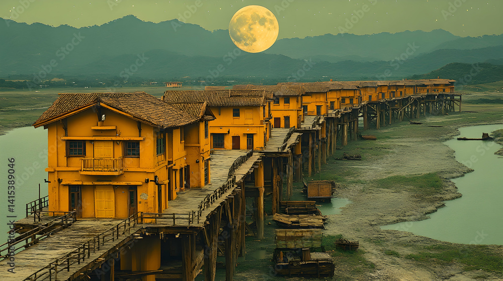 Row of yellow houses on stilts connected by a bridge under a full moon ...