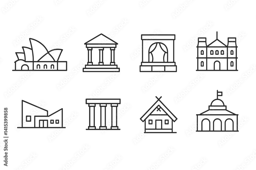 outline vector icons of cultural buildings: opera house, art museum ...