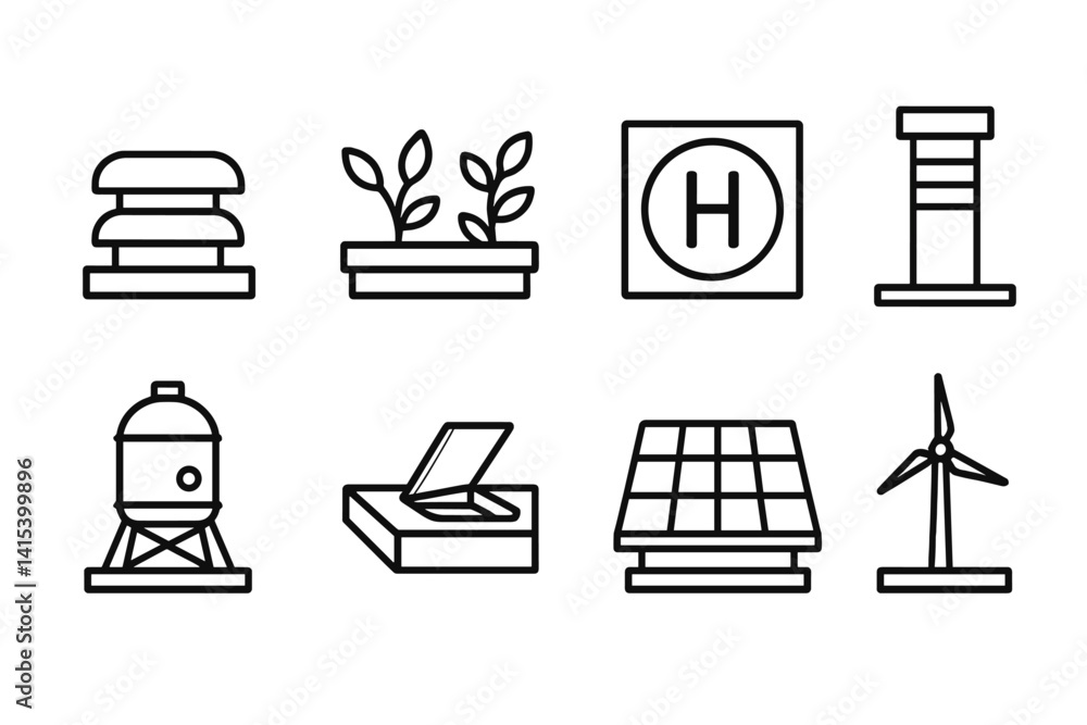 outline vector icons of building rooftops features: air vents, rooftop ...