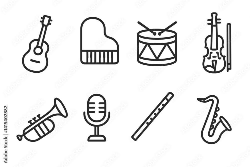 outline vector icons of musical instruments: acoustic guitar, electric ...