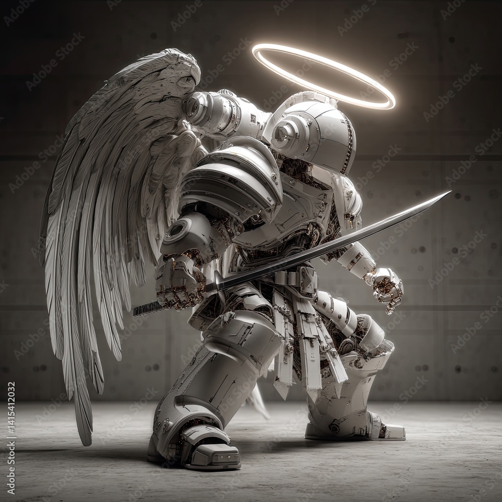 Futuristic robot with angel wings and glowing halo wielding a sword in ...