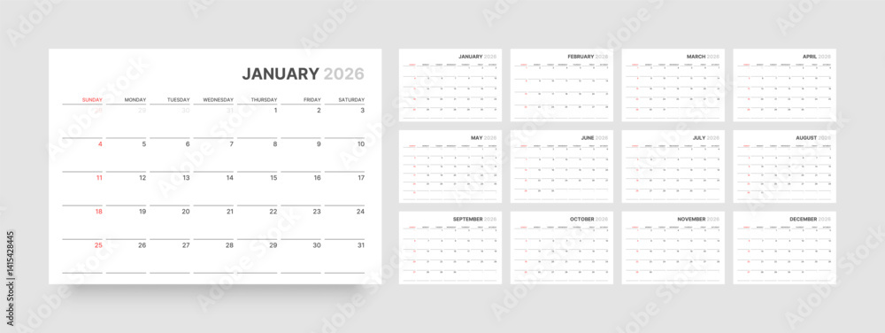 Monthly calendar layout for 2026 year. Diary planner for 2026 year ...