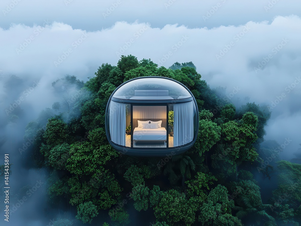 Cloud dome capsule hotel floating above rainforest canopy, highaltitude ...