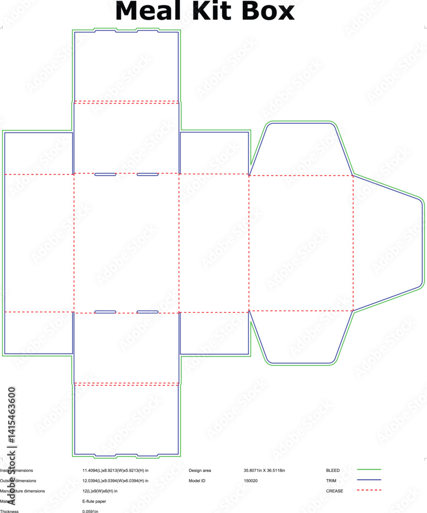 Meal kit packaging box die cut template blueprint with dimensions for ...