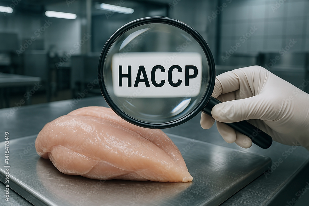 Raw chicken breast examined under magnifying glass labeled HACCP ...