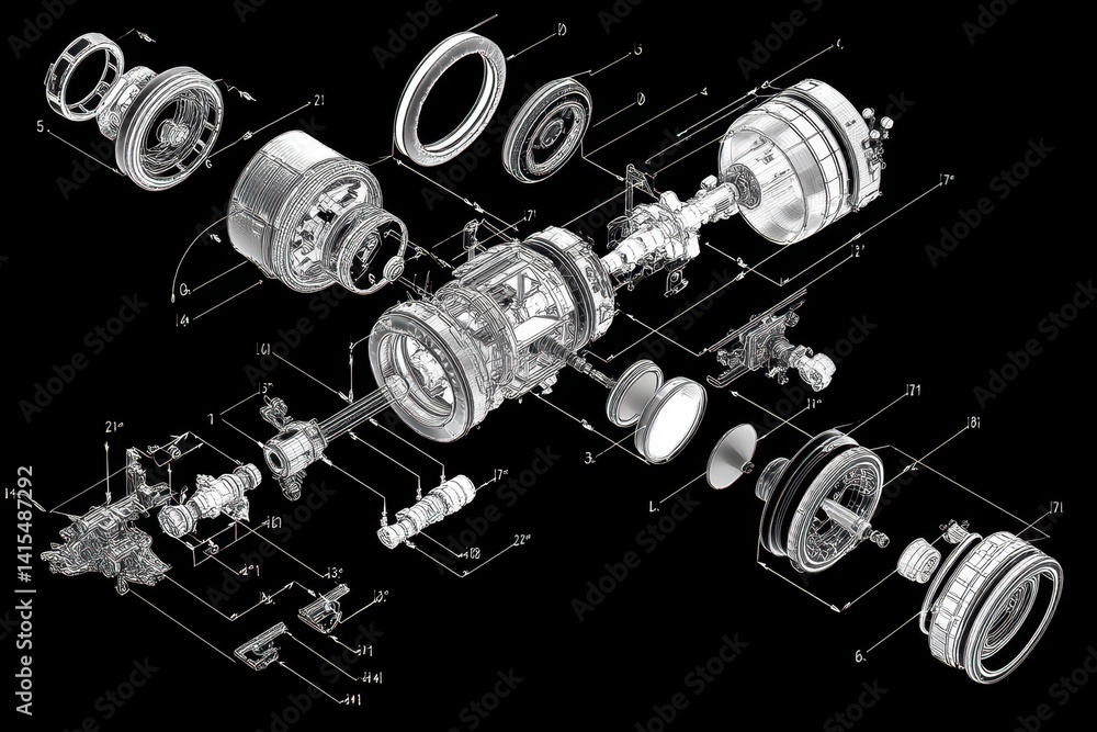 Detailed technical diagram of a complex mechanical assembly in white ...
