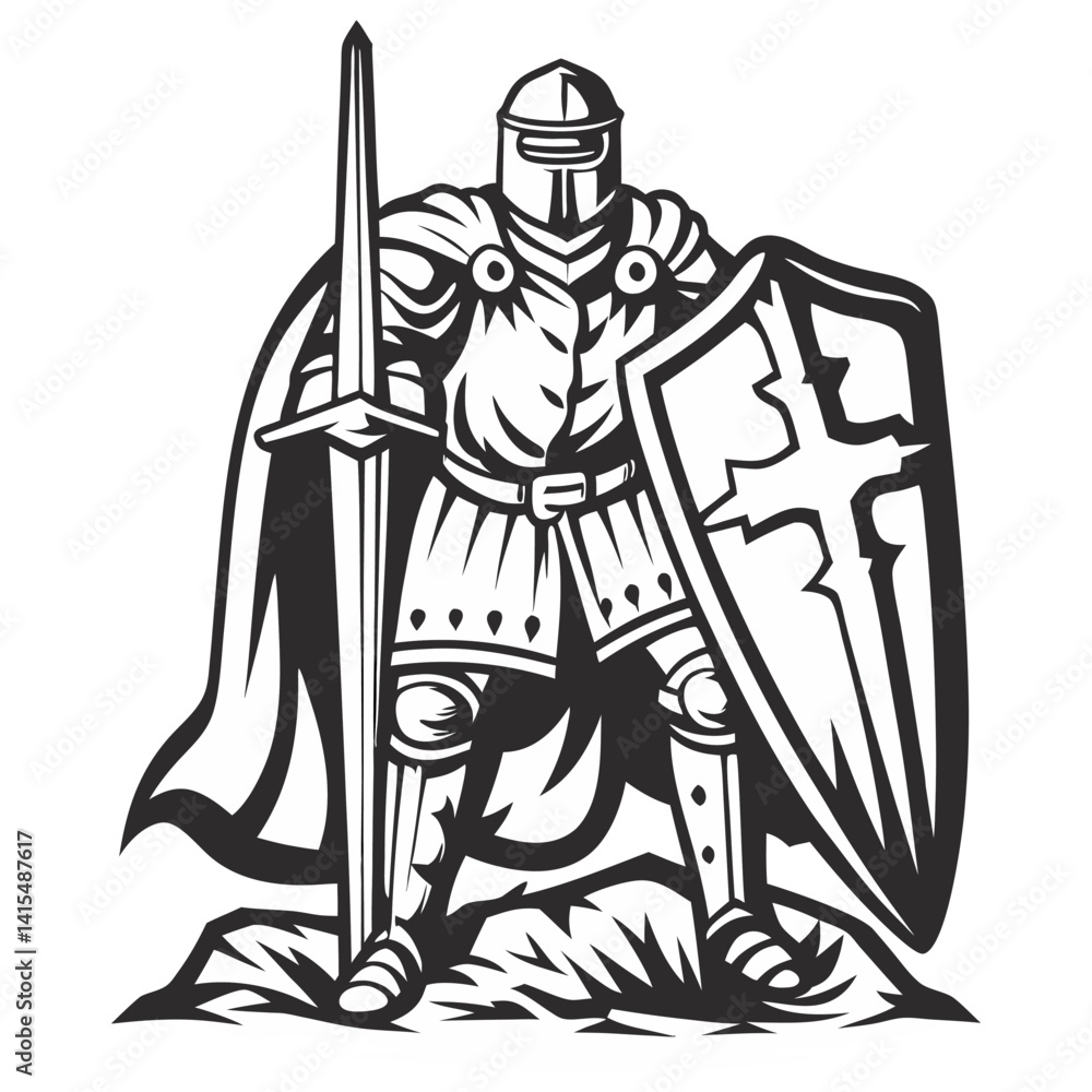 Medieval knight in armor with sword and heraldic shield. Monochrome old ...