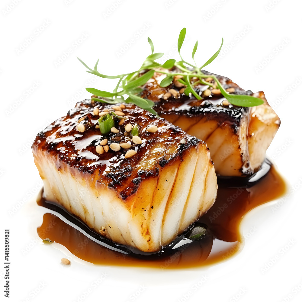 Decorative serving of Japanese gindara (black cod) with miso glaze ...